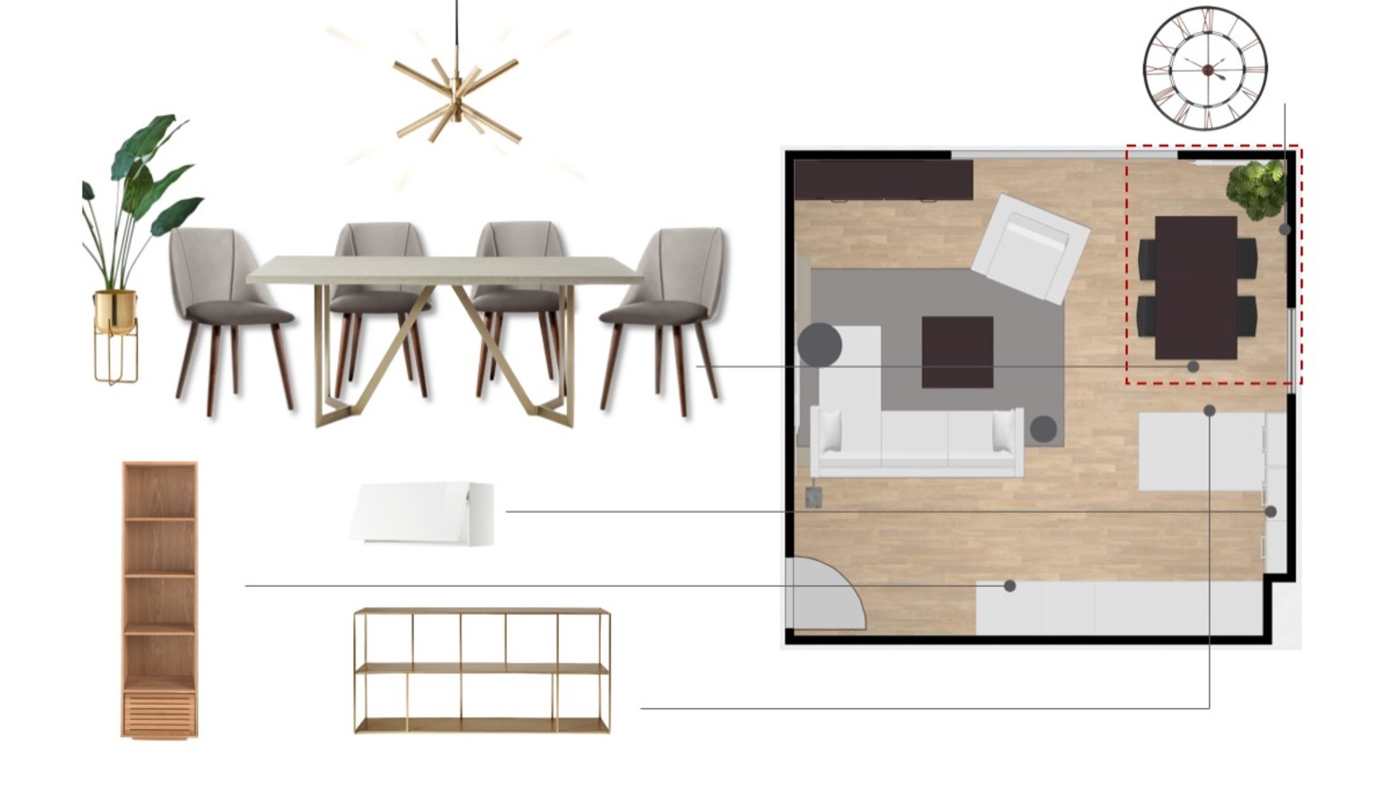 An elegant open plan living & dining room in navy with statement artwork