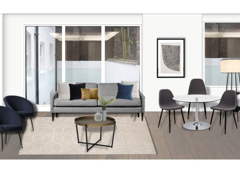 Contemporary and stylish blue and grey open plan living-dining room