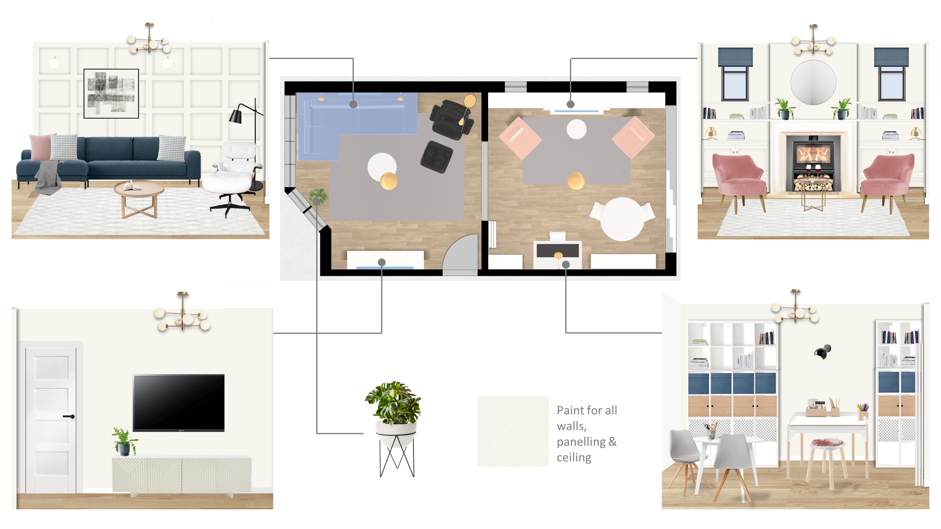 Tracy's Lounge & playroom with panelled feature wall