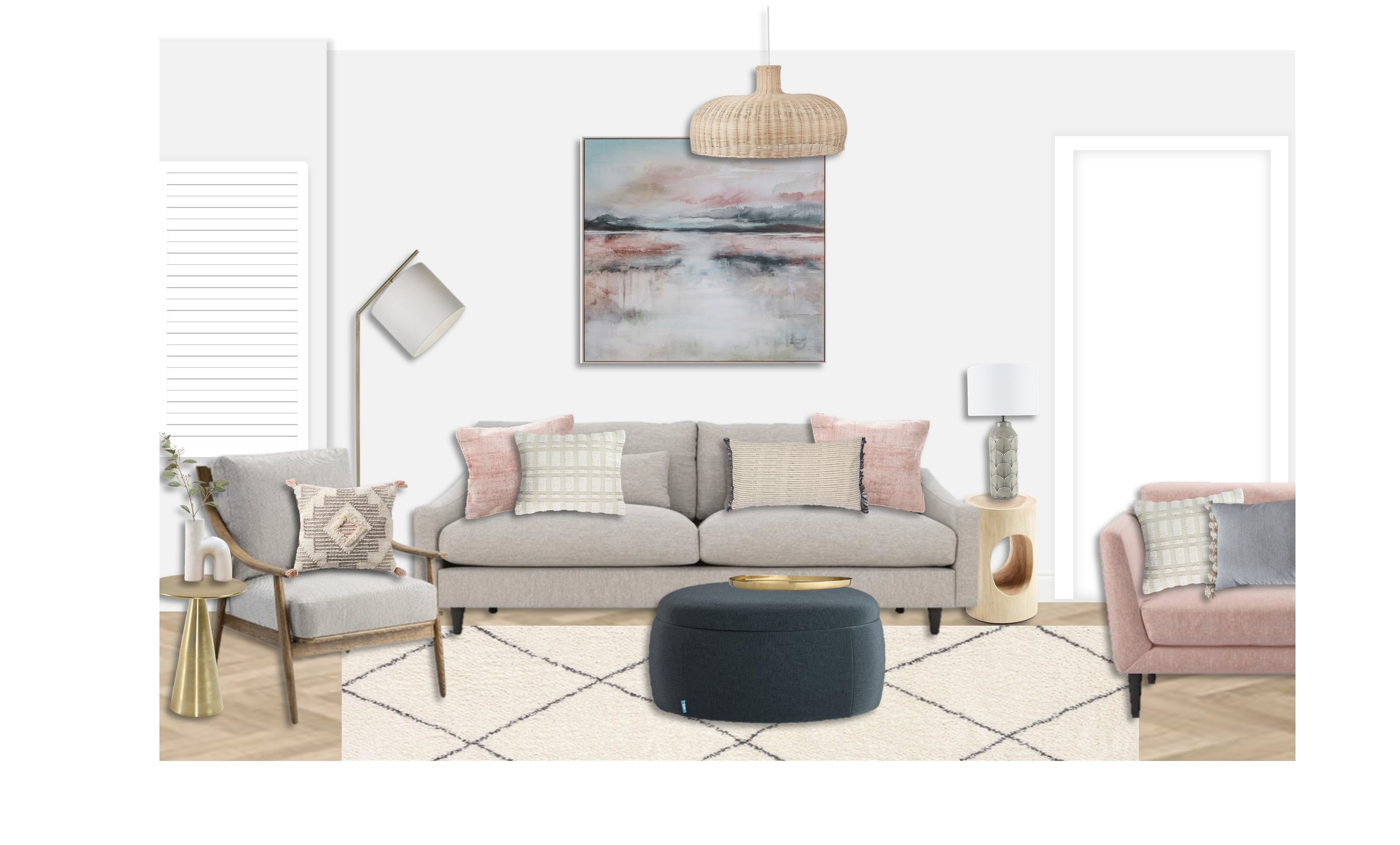 Neutral & blush living room with bold teal cabinetry