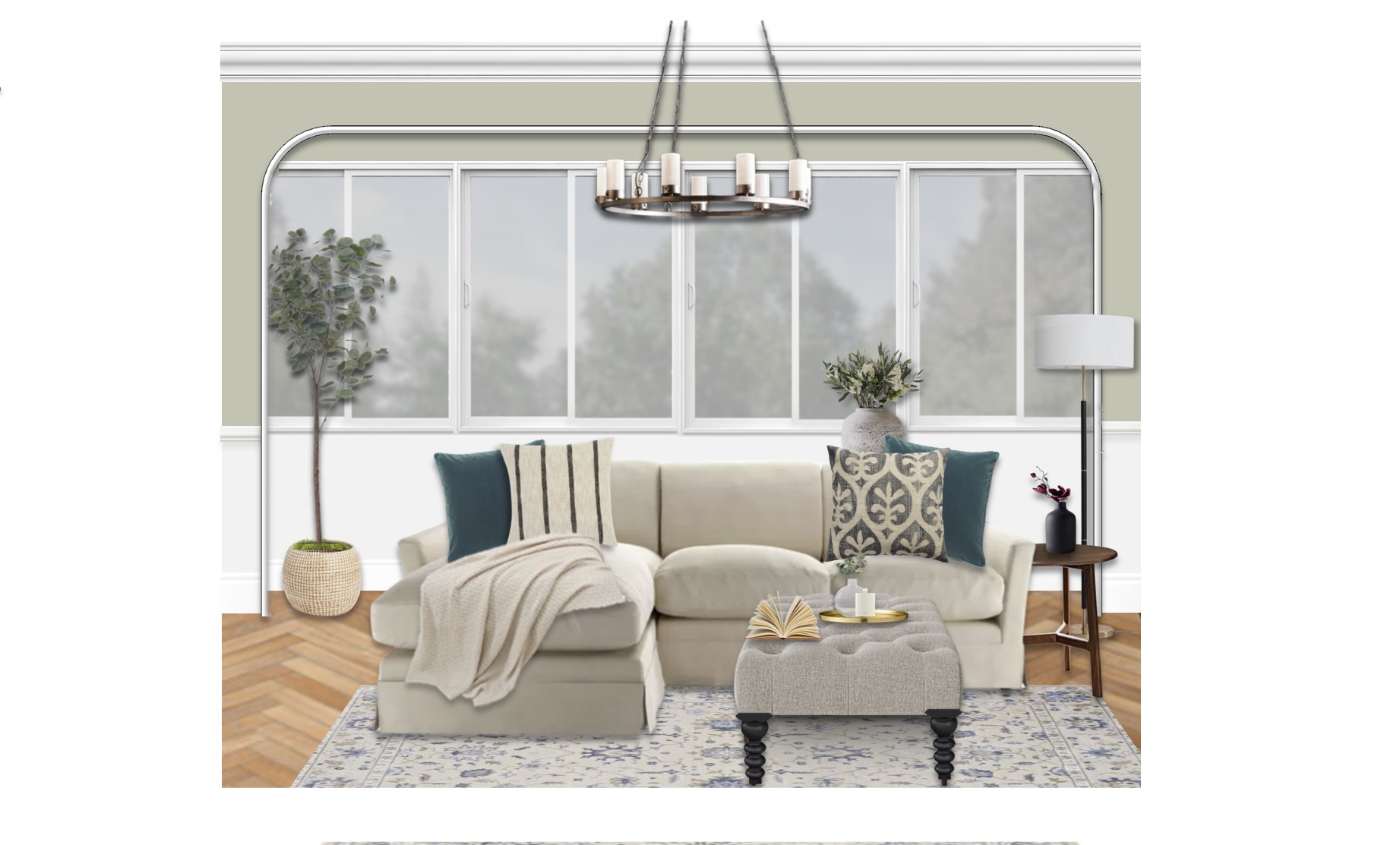 Soothing sage lounge adorned with alcove shelving