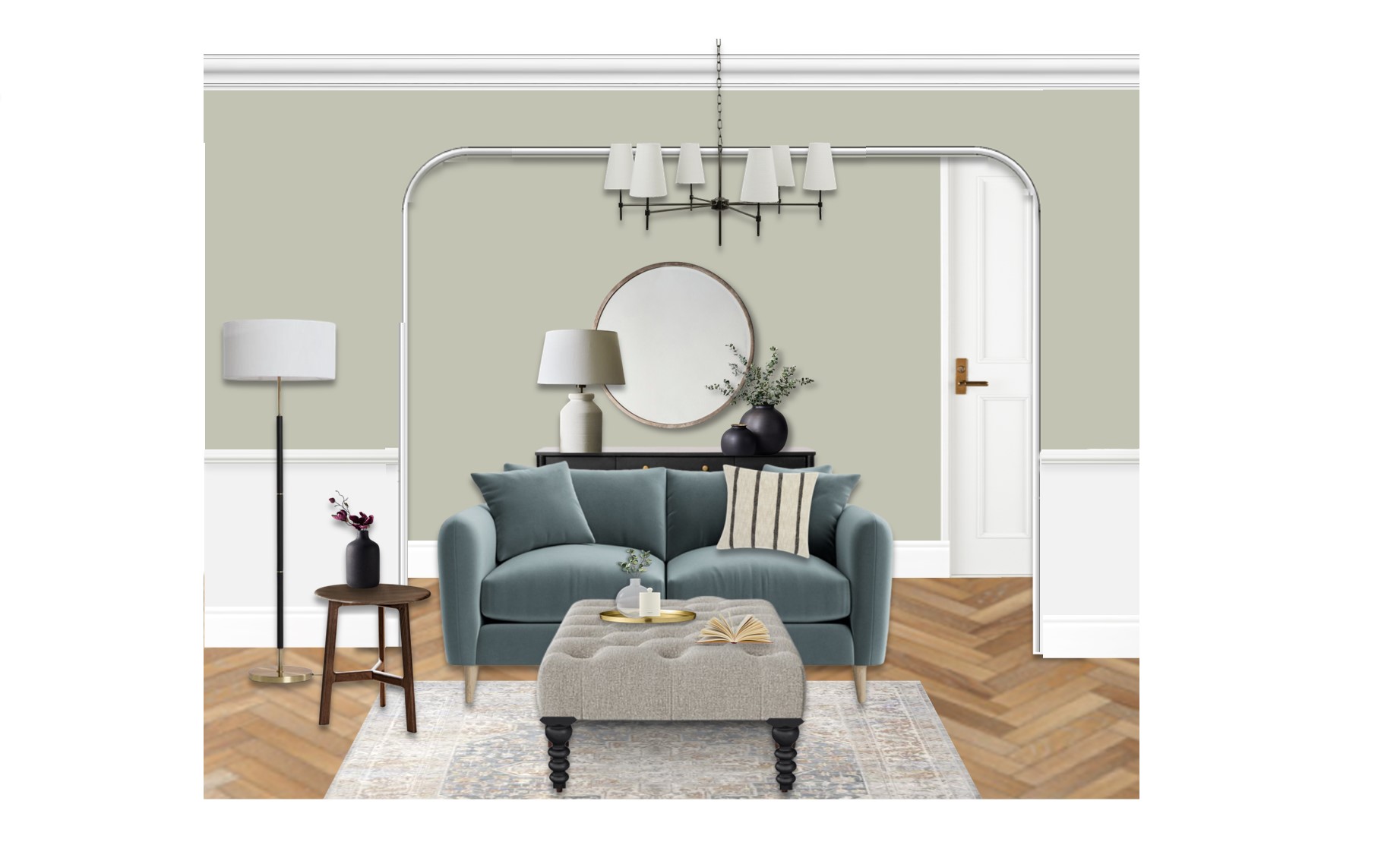 Soothing sage lounge adorned with alcove shelving